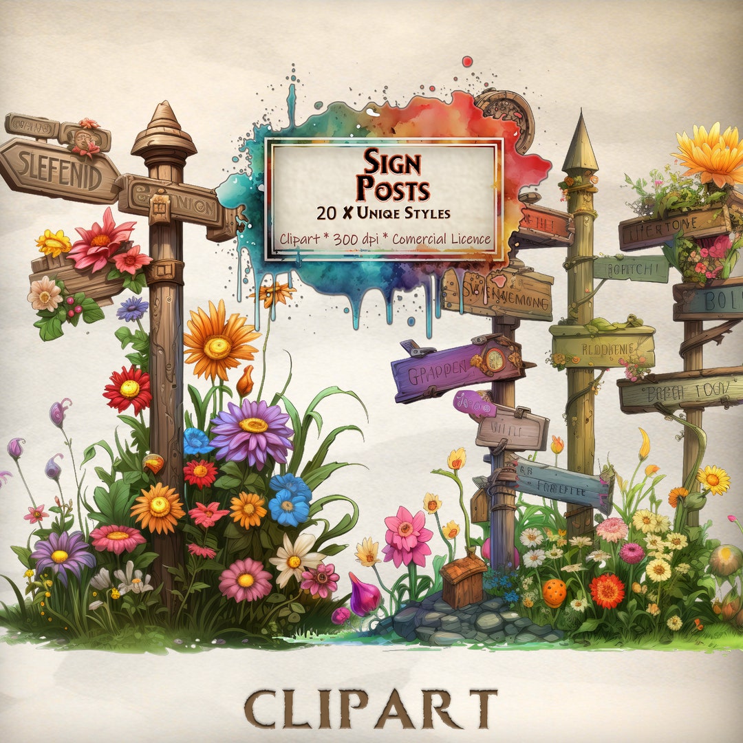 Sign Post Clipart Floral Signs Flower Graphics Wild Flowers - Etsy