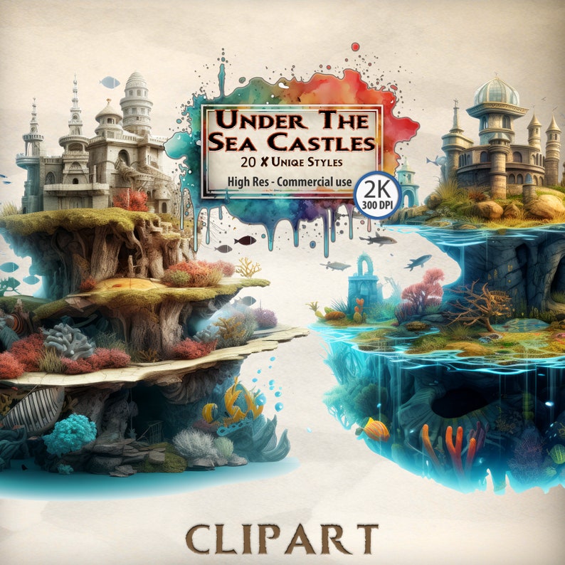 Sea Castle Clipart: Mermaid House, Underwater Palace (PNG Digital ...