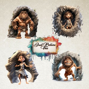 Caveman Clipart Cavewomen Graphics Children's Cartoon Style Cave People ...