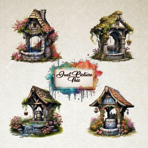 Wishing Well Clipart Floral Medieval Well Graphic Design Wild Flowers ...