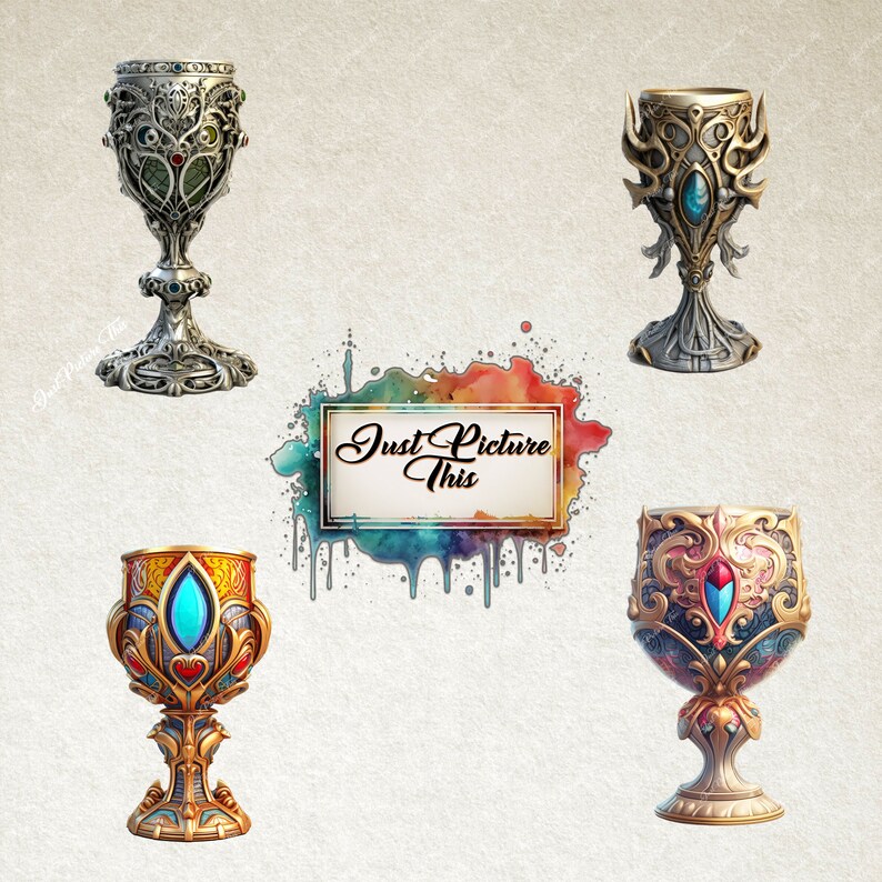 Fantasy Goblets Clipart Golden Fire Ice Silver Goblets - Etsy