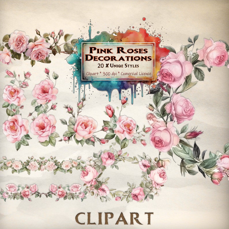 Pink Roses Clipart Watercolor Garden Decor Clipart Bundle - Etsy