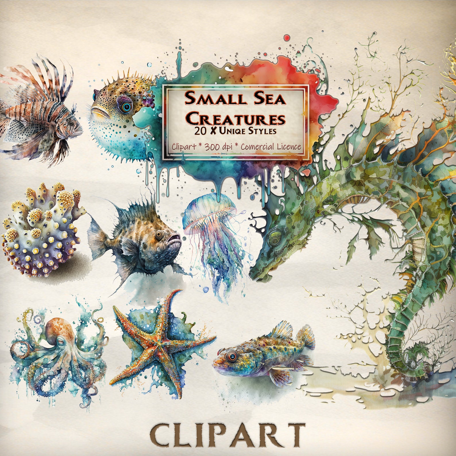 Watercolour Sea Creatures Clipart Bundle Beautiful Animal - Etsy