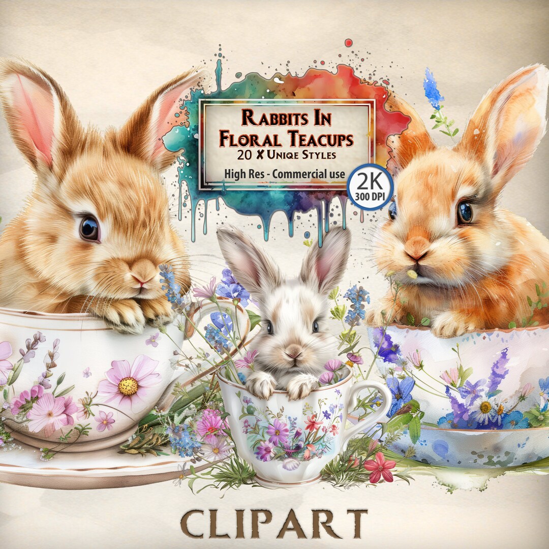 Rabbits in Floral Teacups Clipart Bundle: Whimsical Bunny and Teacup ...