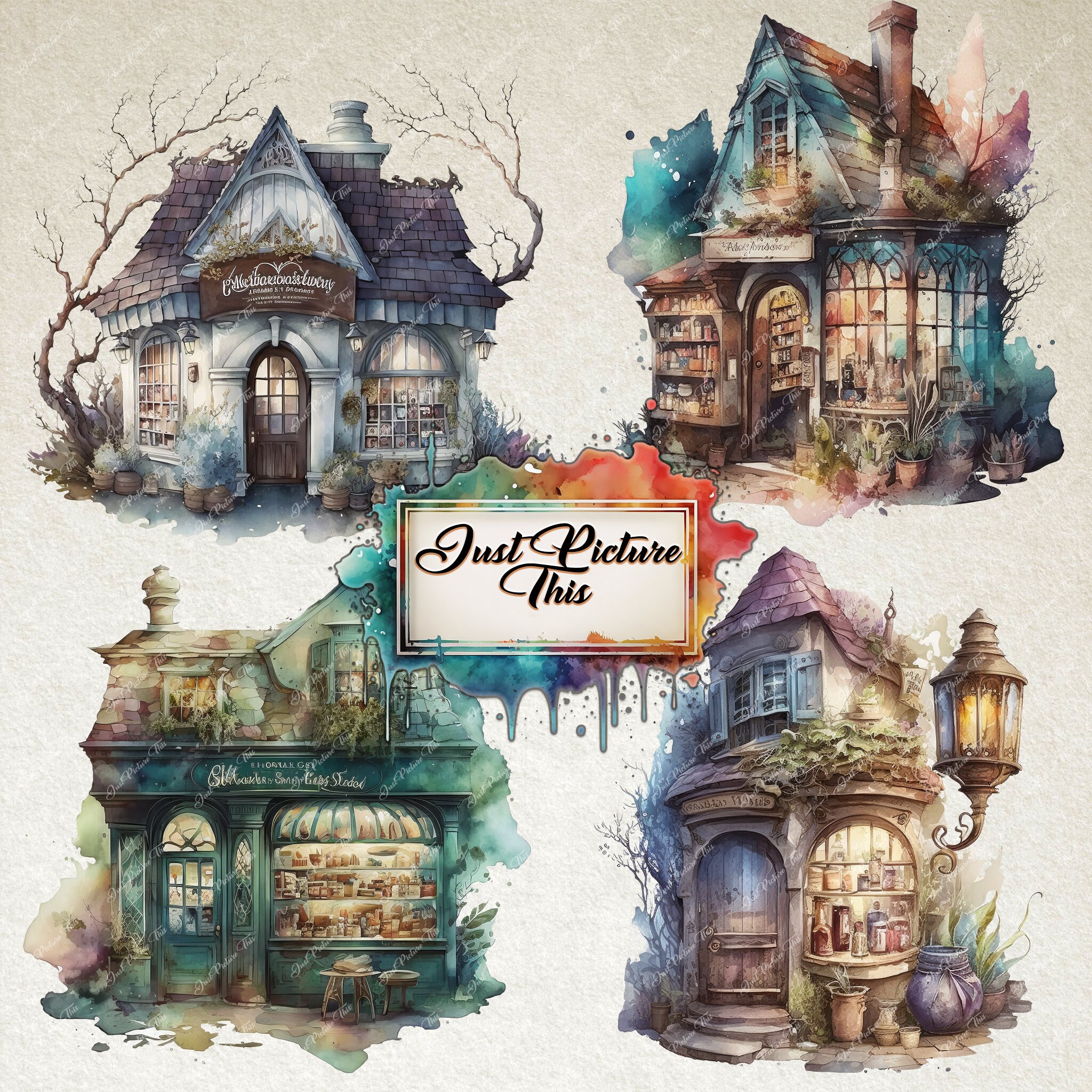 Watercolor Magic Shops Clipart: Fantasy Spells PNG Bundle (digital ...