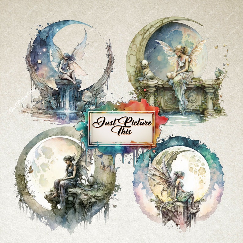 Watercolor Moon Well Fairies Fantasy Clipart Pixie Enchanted - Etsy