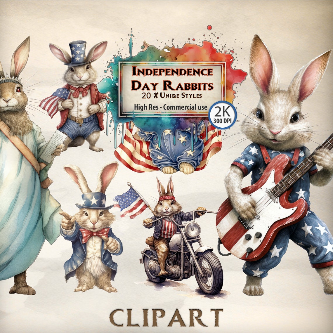 4th of July Rabbit Clipart: Patriotic PNG Bundle - Etsy