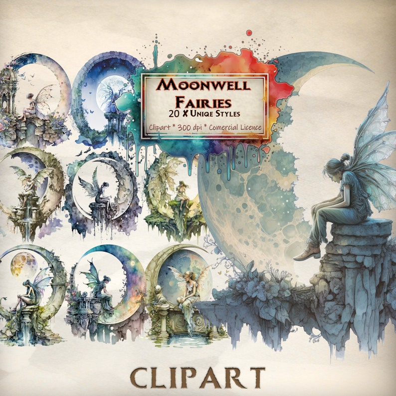 Watercolor Moon Well Fairies Fantasy Clipart Pixie Enchanted - Etsy