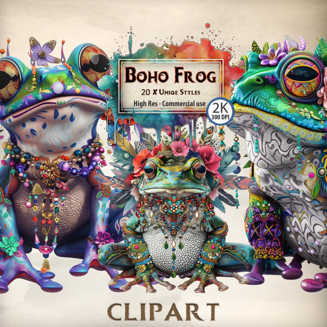 Boho Frogs Clipart Bundle: Whimsical Frog Illustrations in Bohemian ...