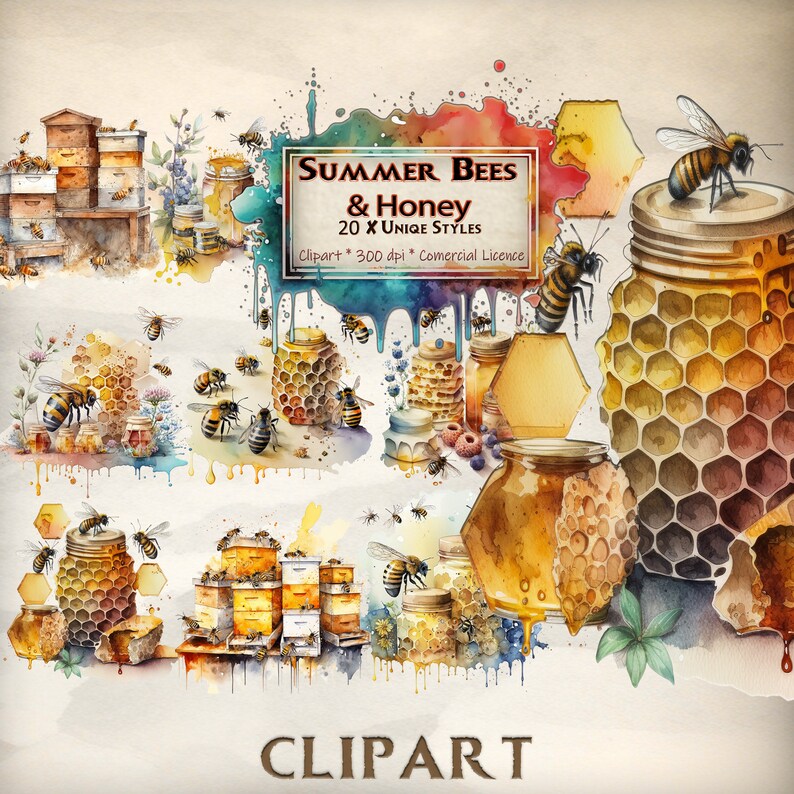 Watercolour Honey Bees Clipart Bundle Summer Hives Floral - Etsy