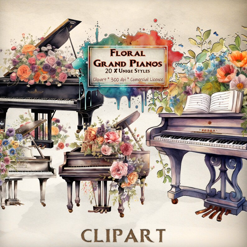 Piano Clipart Floral Piano Keys Clipart Bundle Grand Piano - Etsy