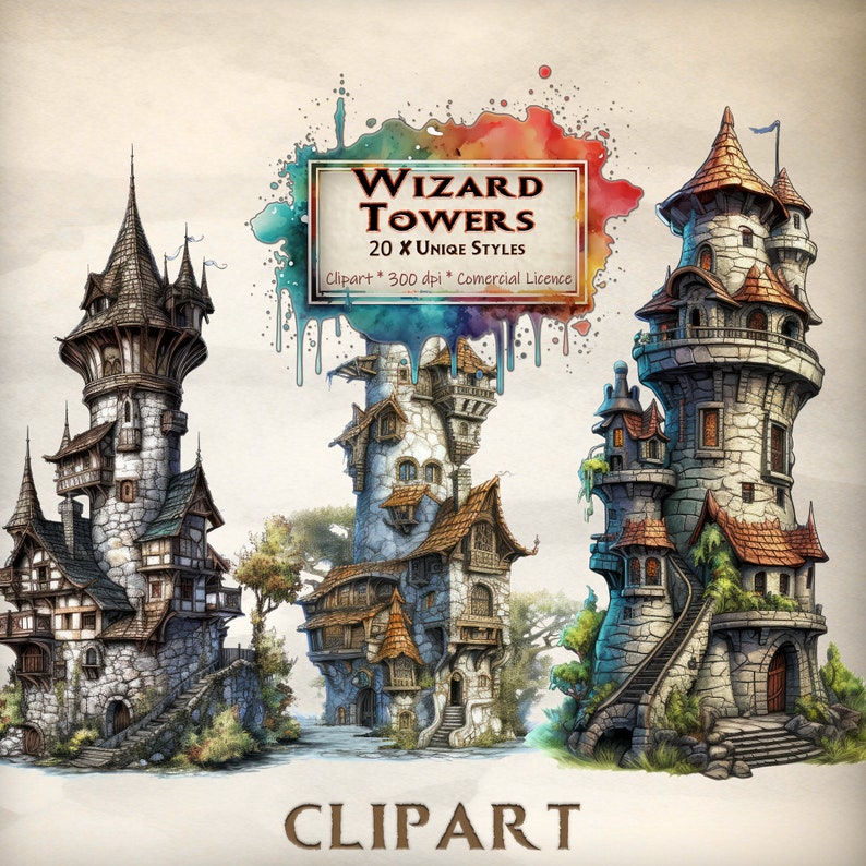 Wizard Tower Clipart Castle Building Clipart Bundle Stylized - Etsy