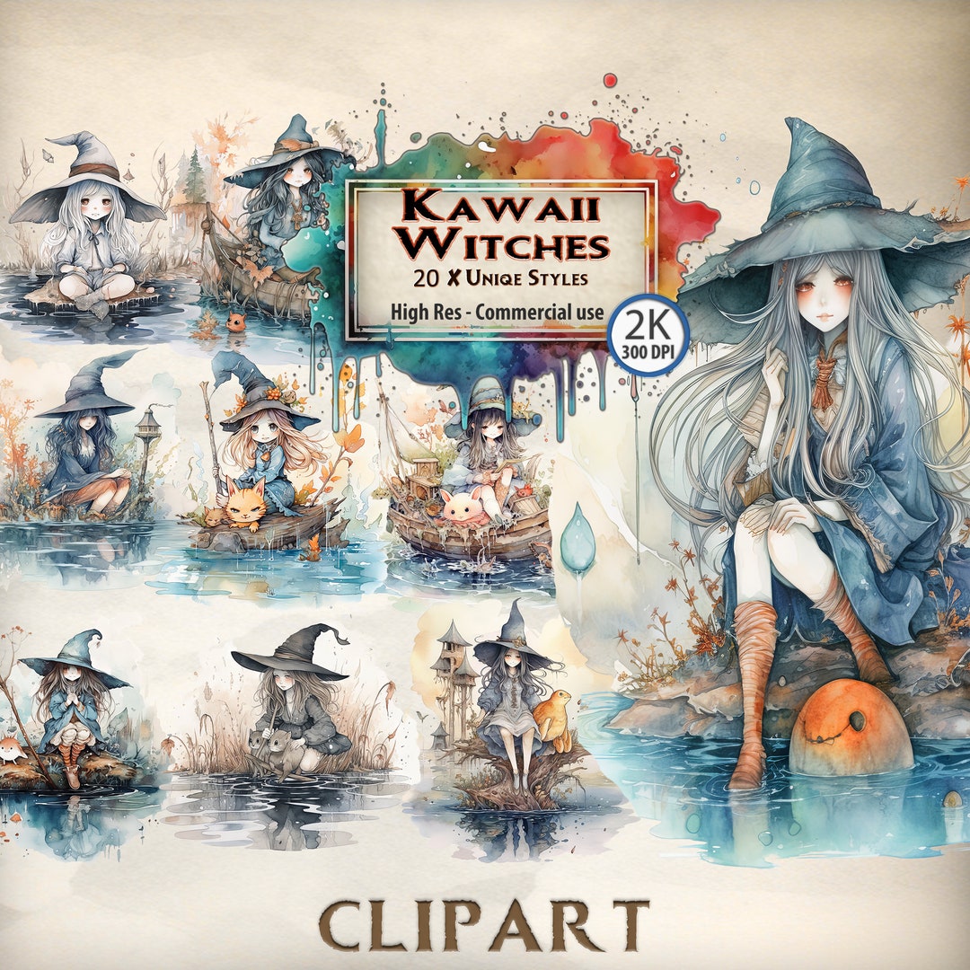 Watercolour Witch Clipart Bundle Fantasy Clipart Cute Kawaii Witchy ...