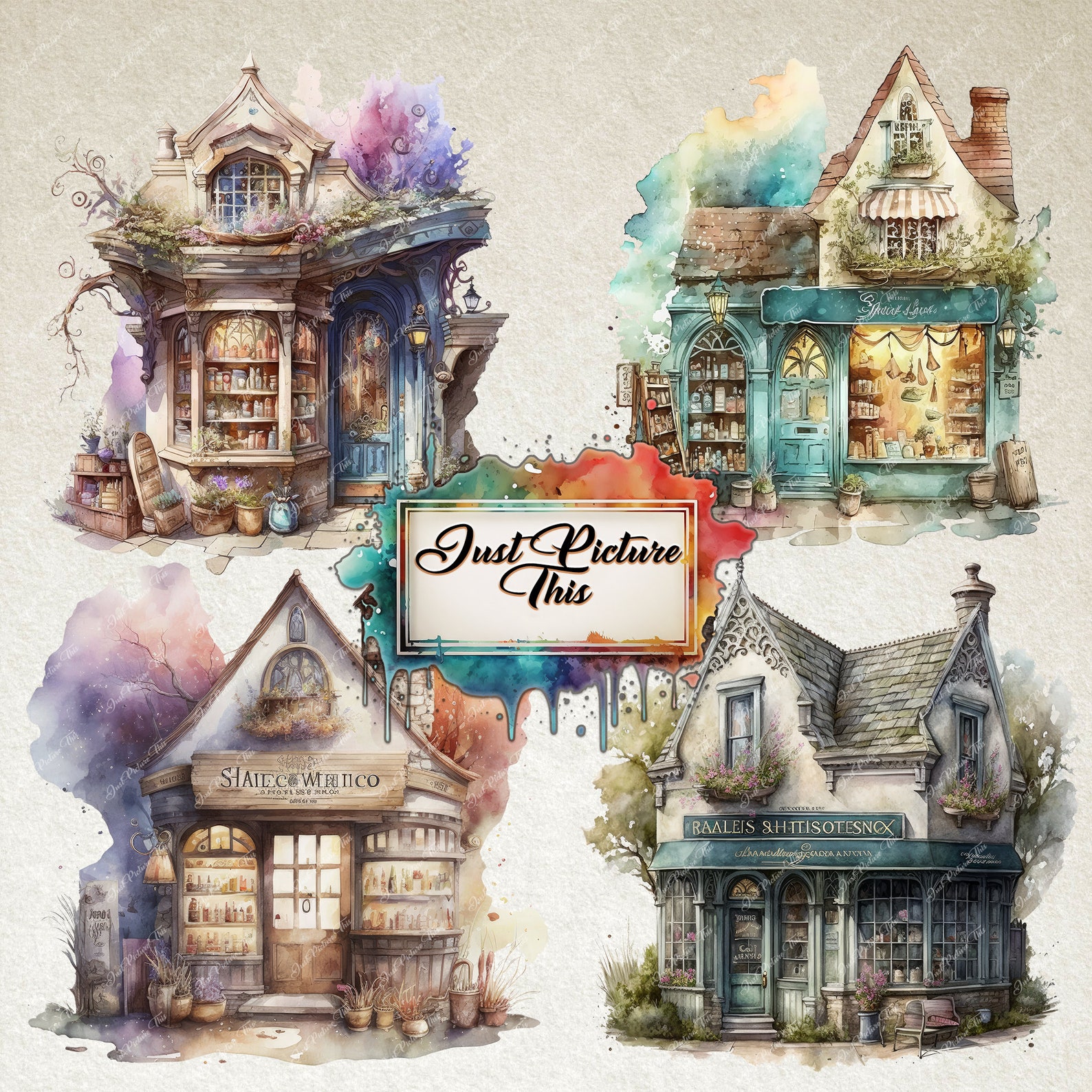Watercolor Magic Shops Clipart: Fantasy Spells PNG Bundle (digital ...