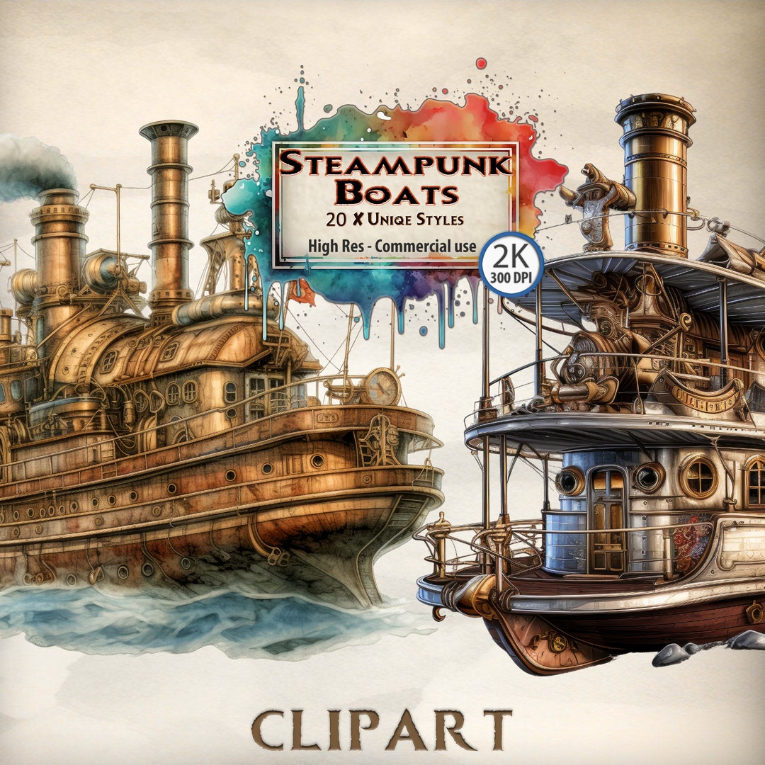 Steampunk Boats Clipart Vintage Ship Nautical Illustrations Mechanical Vessel Graphics Steam ...