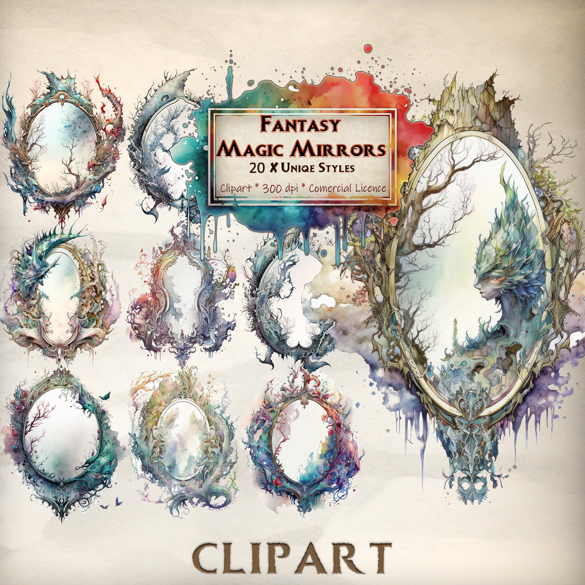 Watercolour Magic Mirror Vintage Clipart Bundle Fantasy Mirror - Etsy