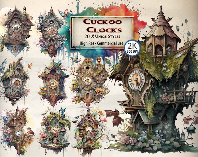 Watercolor Cuckoo Clocks Clipart Set of 20 Files With Instant Download ...