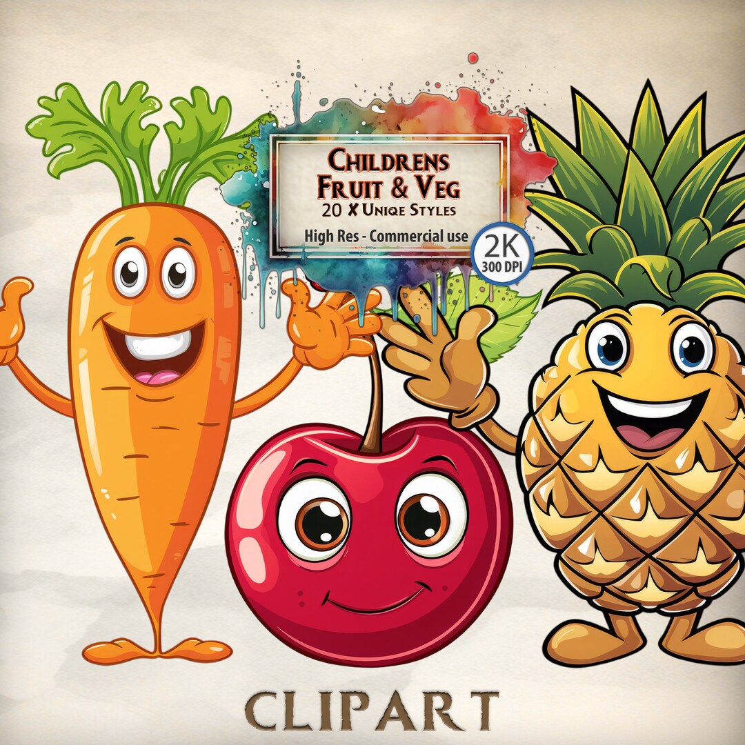 Children's Fruit & Veg Clipart Bundle: Cute and Colorful Illustrations ...