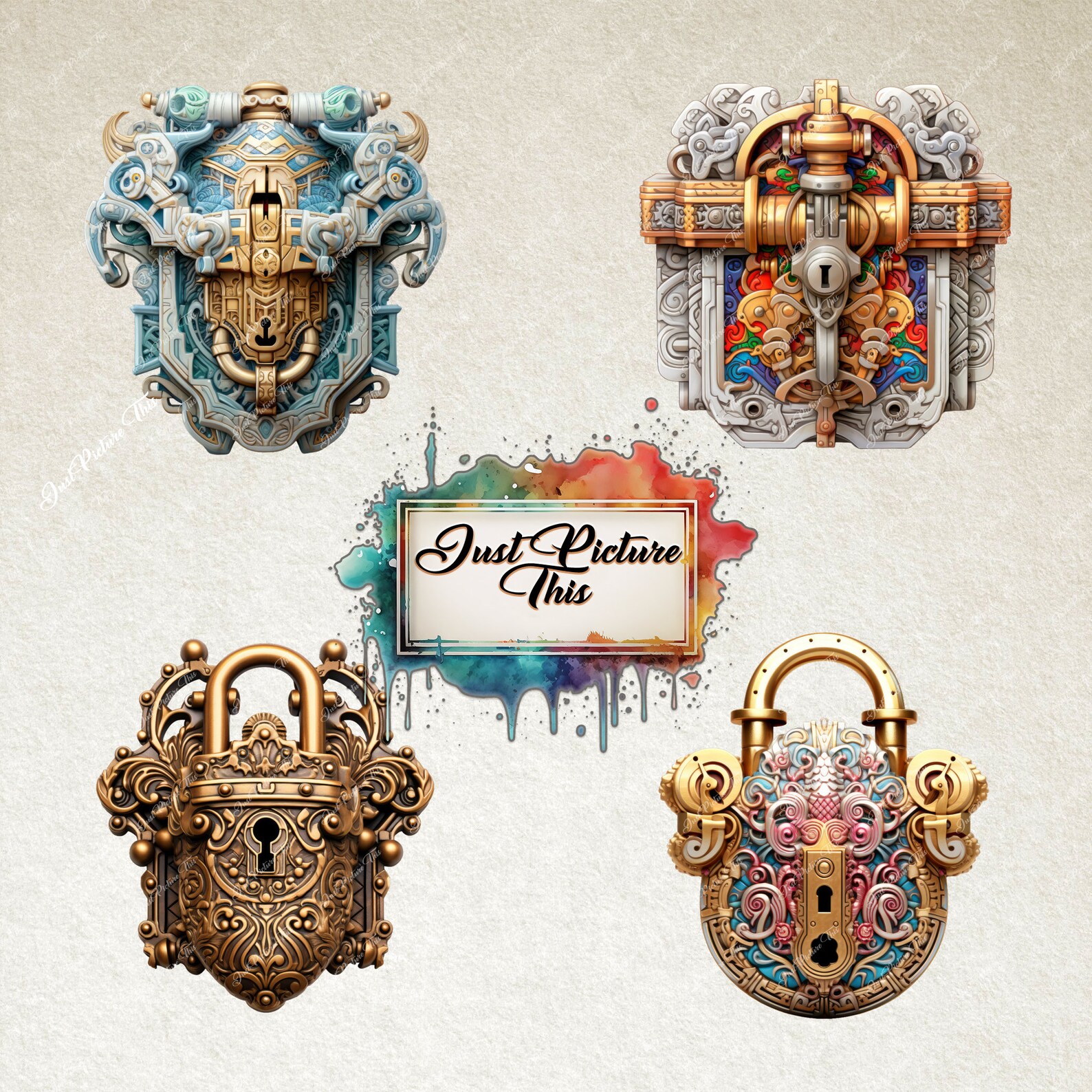 Fantasy Padlock Clipart: Intricate Lock and Key PNG (digital Download ...
