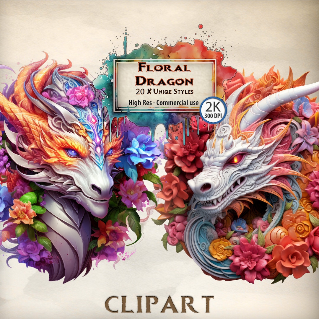 Floral Dragon Clipart Flower Border Motifs Graphics Botanical Creature ...