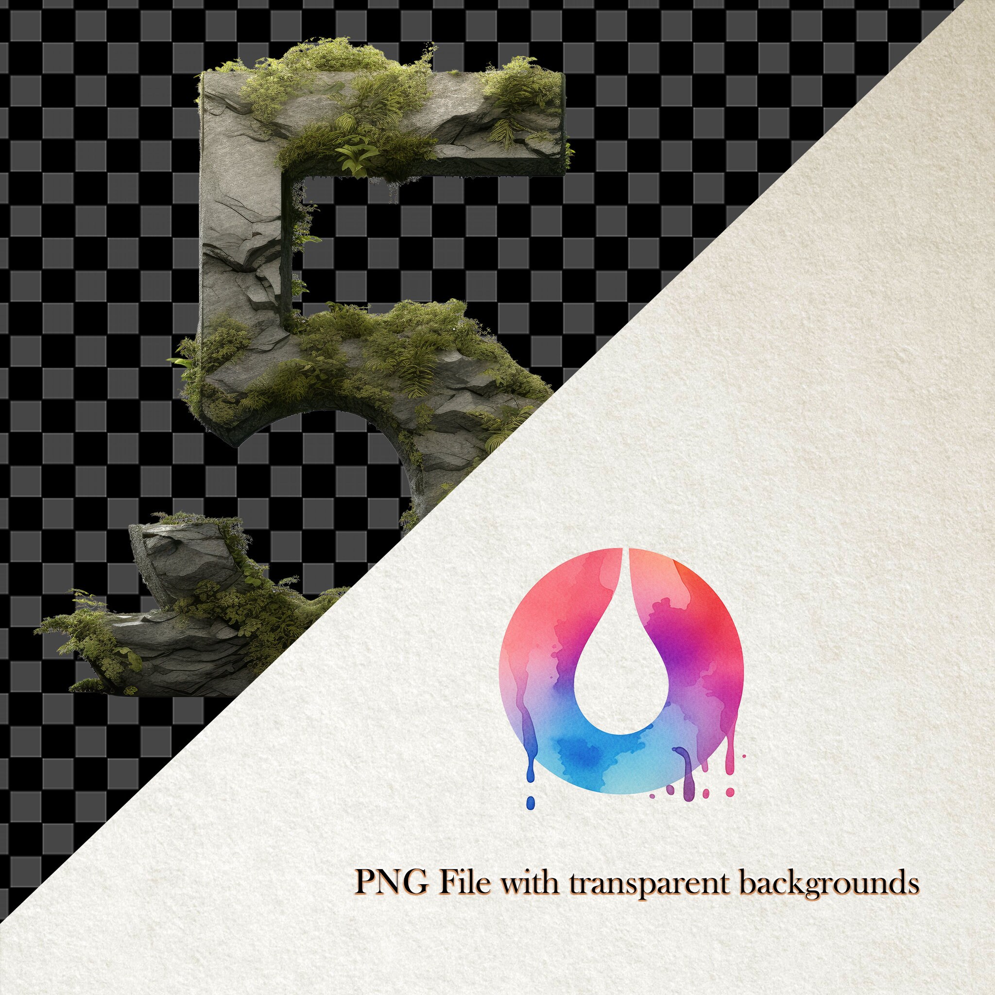 Stone & Moss Number Clipart: Illuminated Rock Font (PNG Digital ...