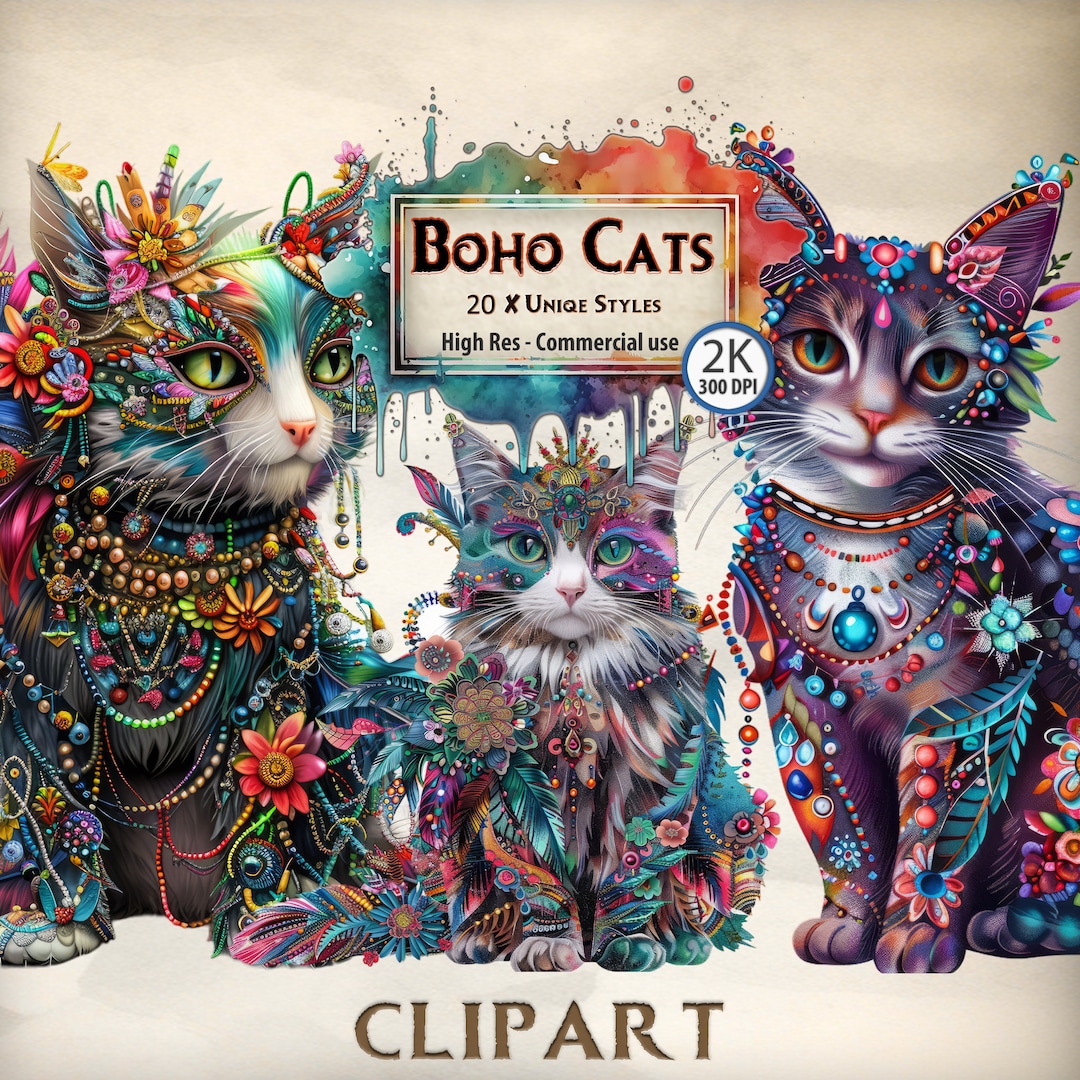 Boho Cats Clipart Bundle: Bohemian Cat Illustrations for Creative ...