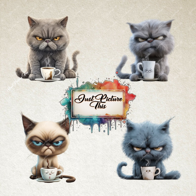 Grumpy Cats Clipart Bundle: Humorous Feline PNG Illustrations (digital ...