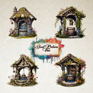 Wishing Well Clipart Floral Medieval Well Graphic Design Wild Flowers ...