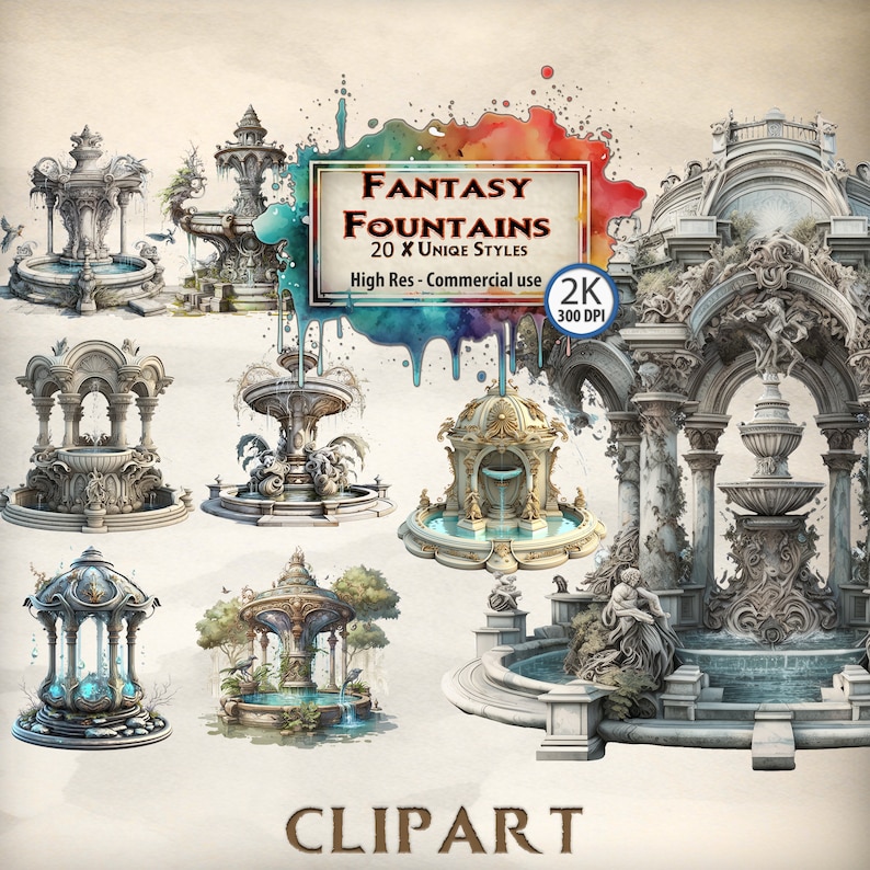 Fantasy Fountain Clipart: Roman Wishing Well PNG Bundle (digital ...
