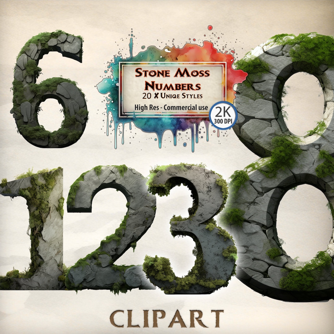 Illuminated Numbers Clipart Stone & Moss Style Number Graphics ...