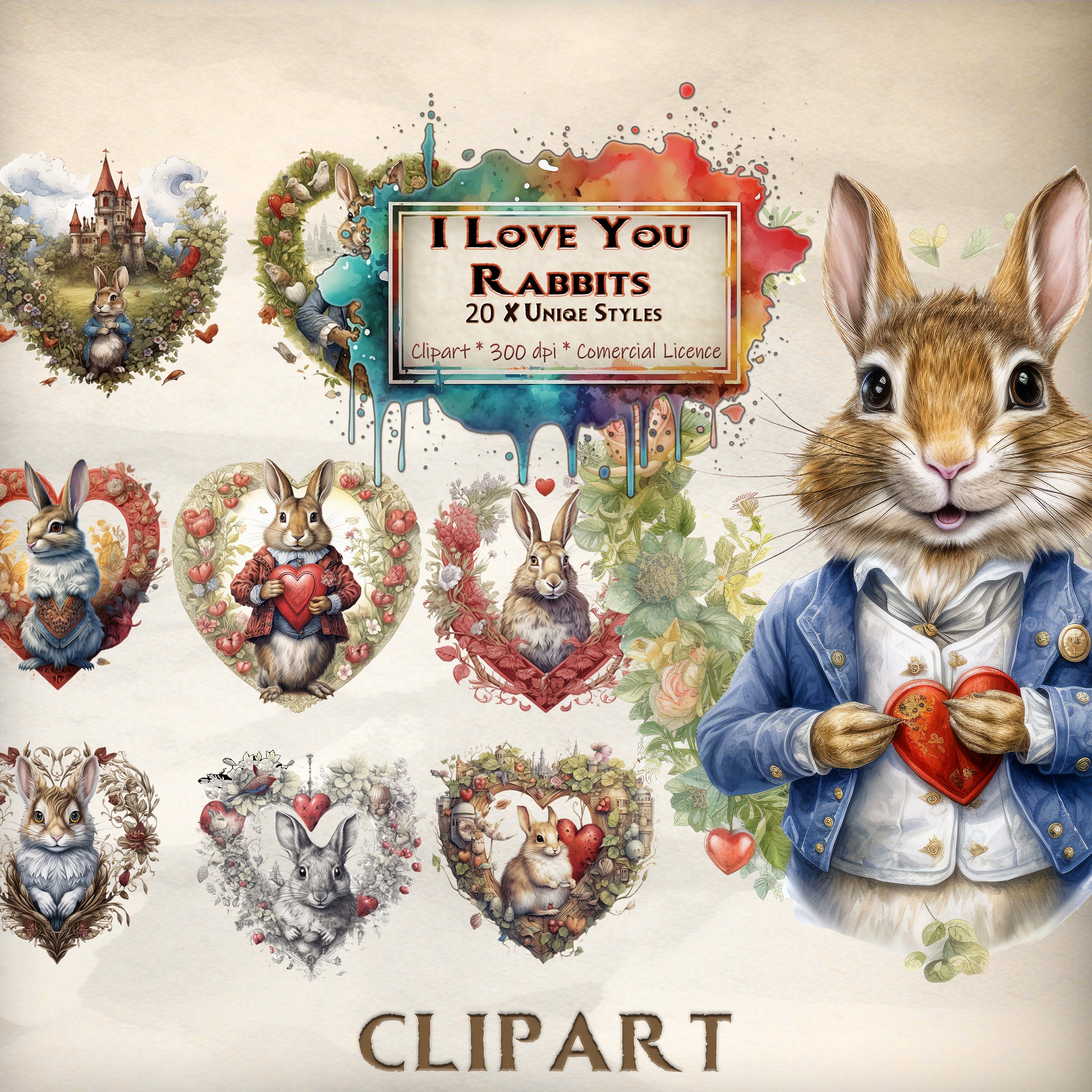 I Love You Clipart Rabbit Clipart Bundle Red Heart Clipart of - Etsy ...