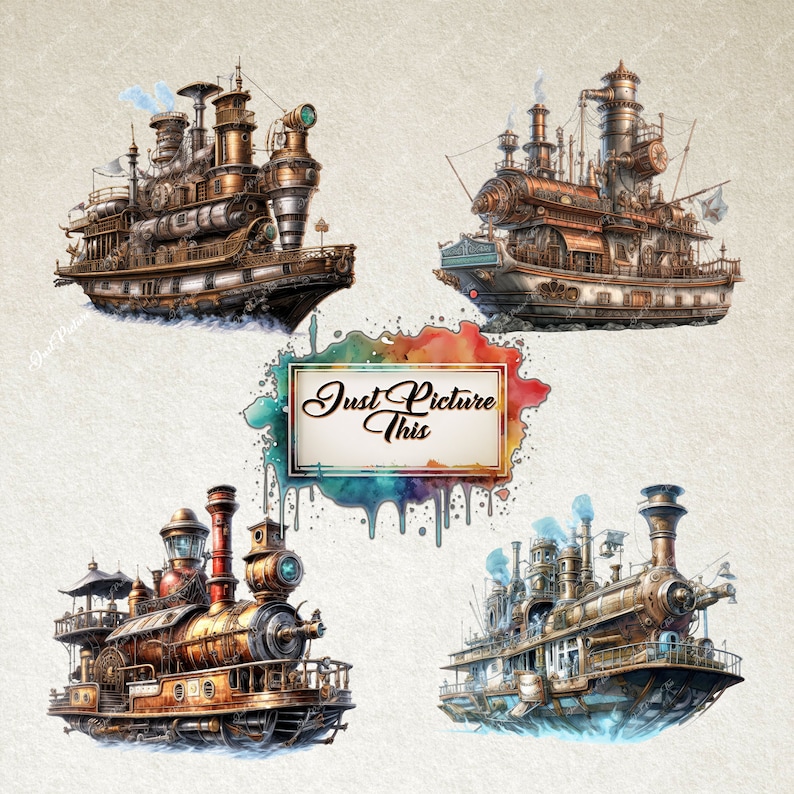 Steampunk Boats Clipart Vintage Ship Nautical Illustrations - Etsy