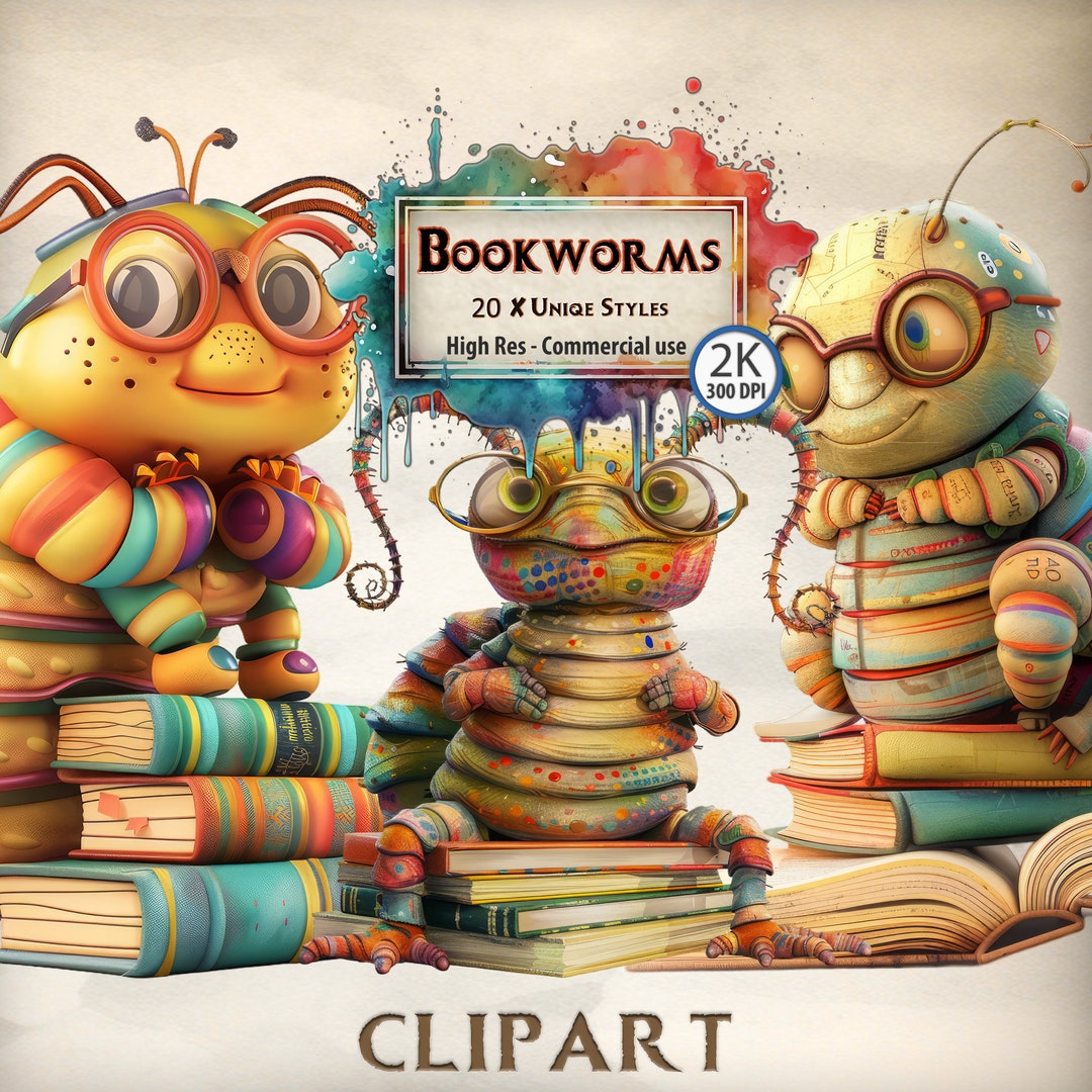 Bookworm Worms Clipart: Playful Reading Illustrations (digital Download ...