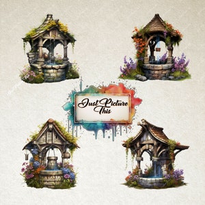 Wishing Well Clipart Floral Medieval Well Graphic Design Wild Flowers ...