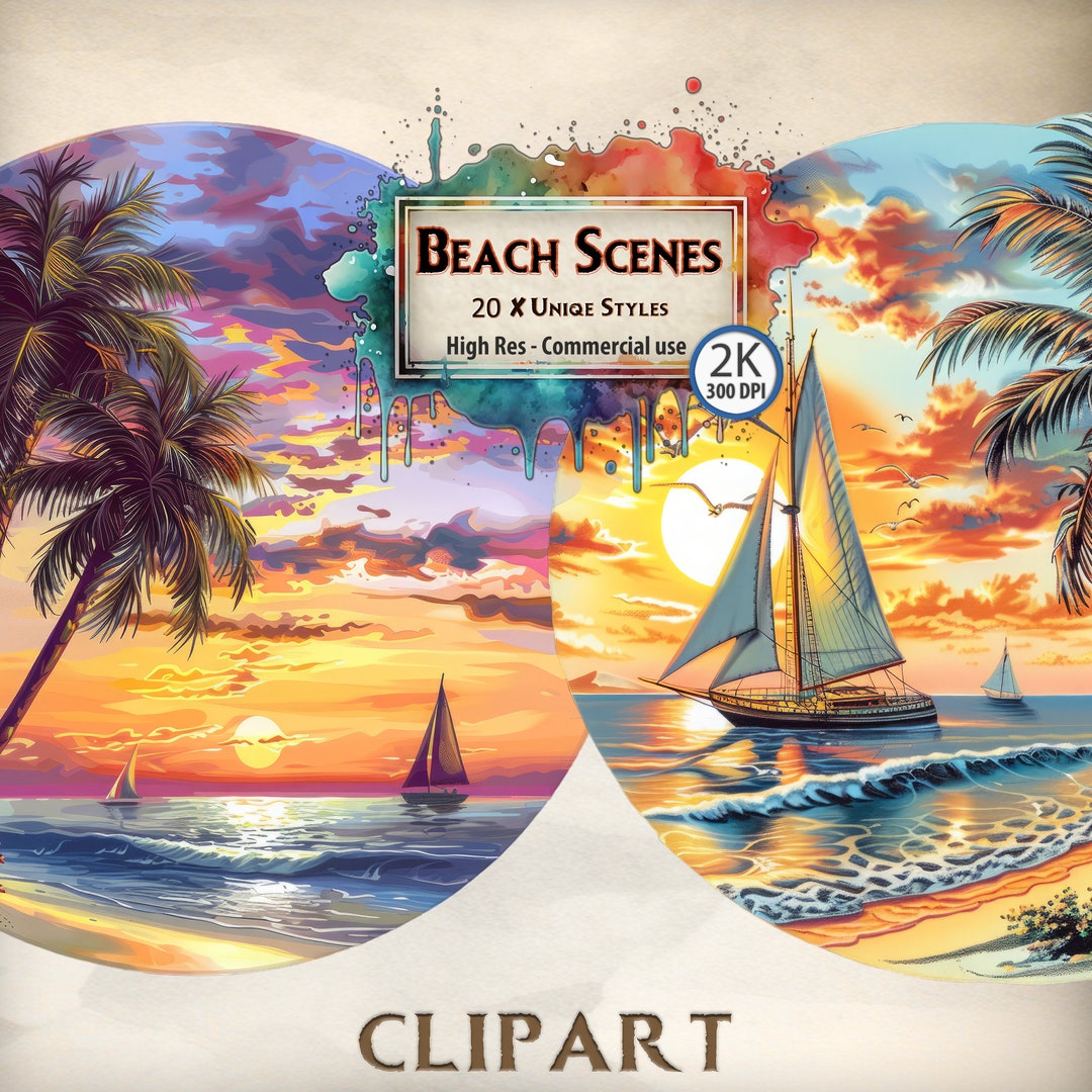Beach Scenes Clipart Bundle: Coastal Landscape Illustrations for Summer ...