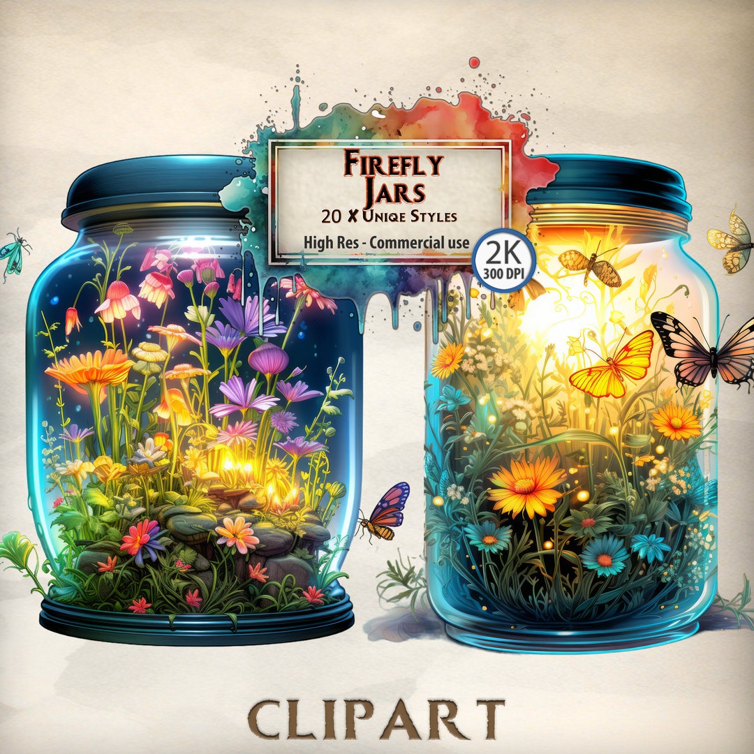 Firefly Jars Clipart: Enchanting Floral Fairy Light Among Meadow ...