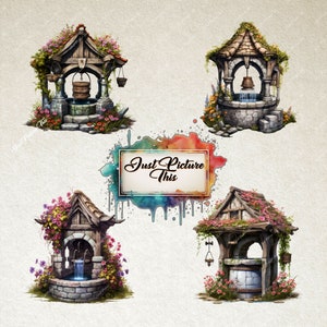 Wishing Well Clipart Floral Medieval Well Graphic Design Wild Flowers ...