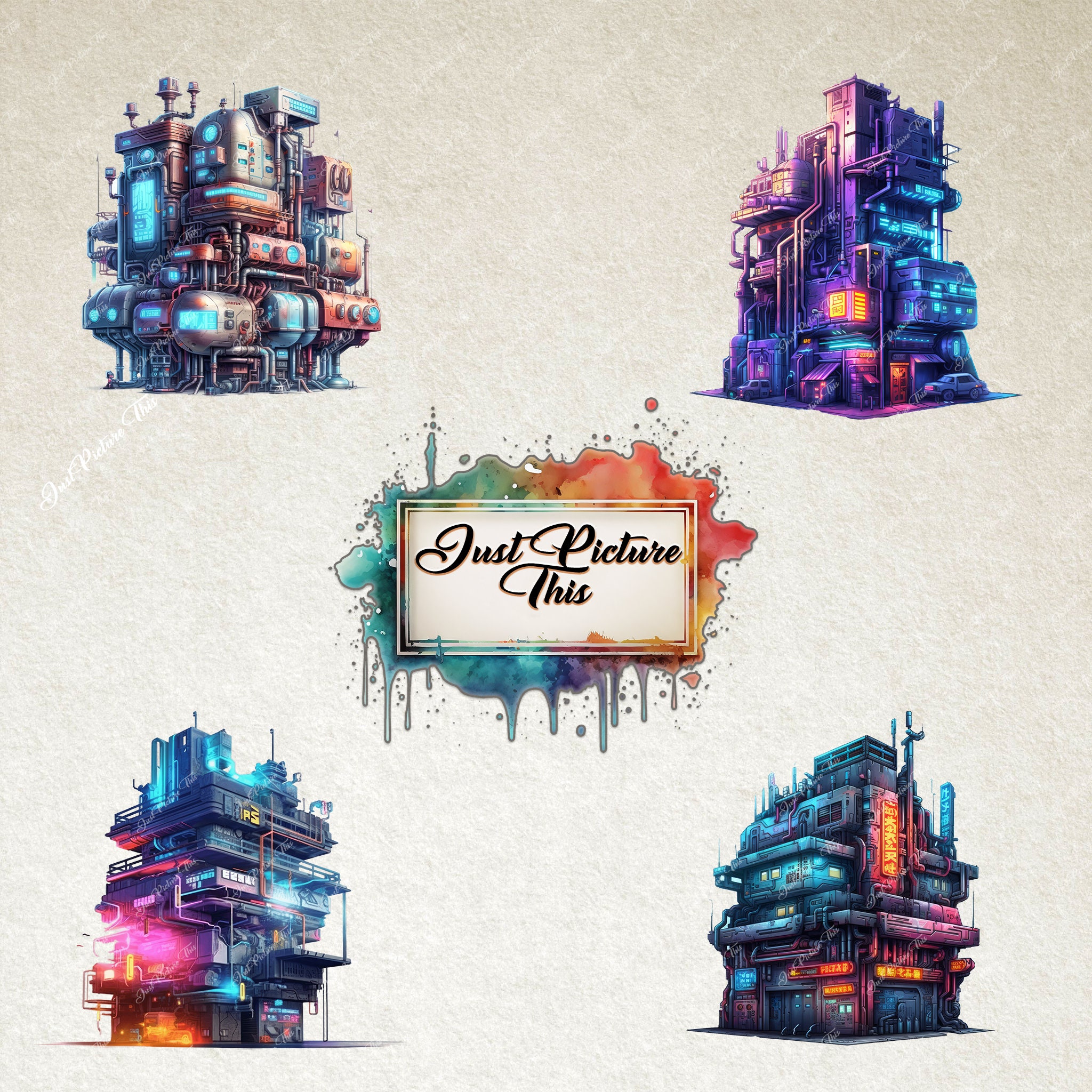 Cyberpunk Building Clipart Dystopian Urban Buildings Illustrations ...