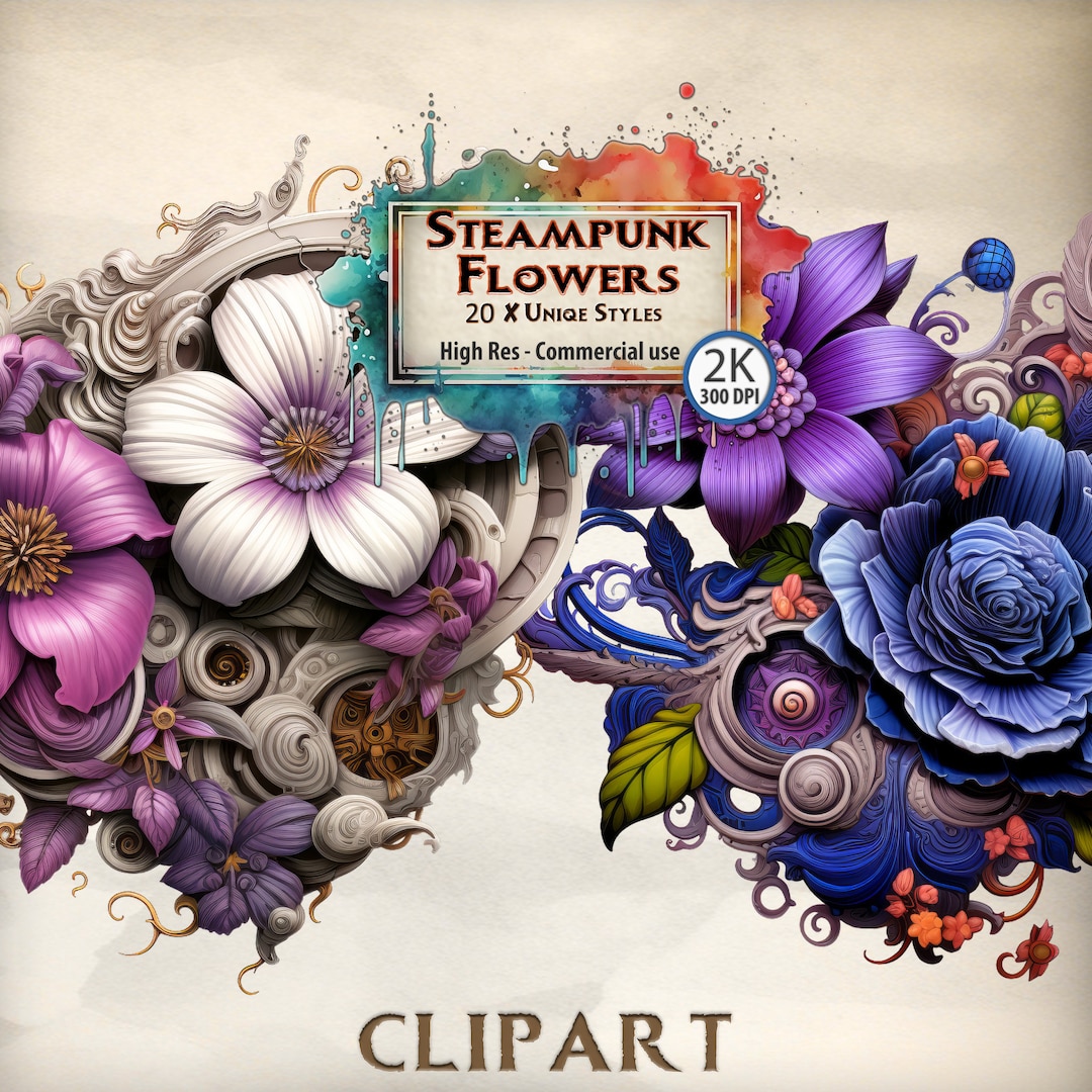 Steampunk Flowers Clipart Floral Plants Mechanical Themed Graphics ...