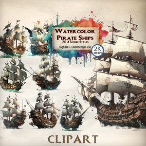 Watercolor Pirate Ship Fantasy Vintage Boat Clipart Bundle Pirate Skull ...