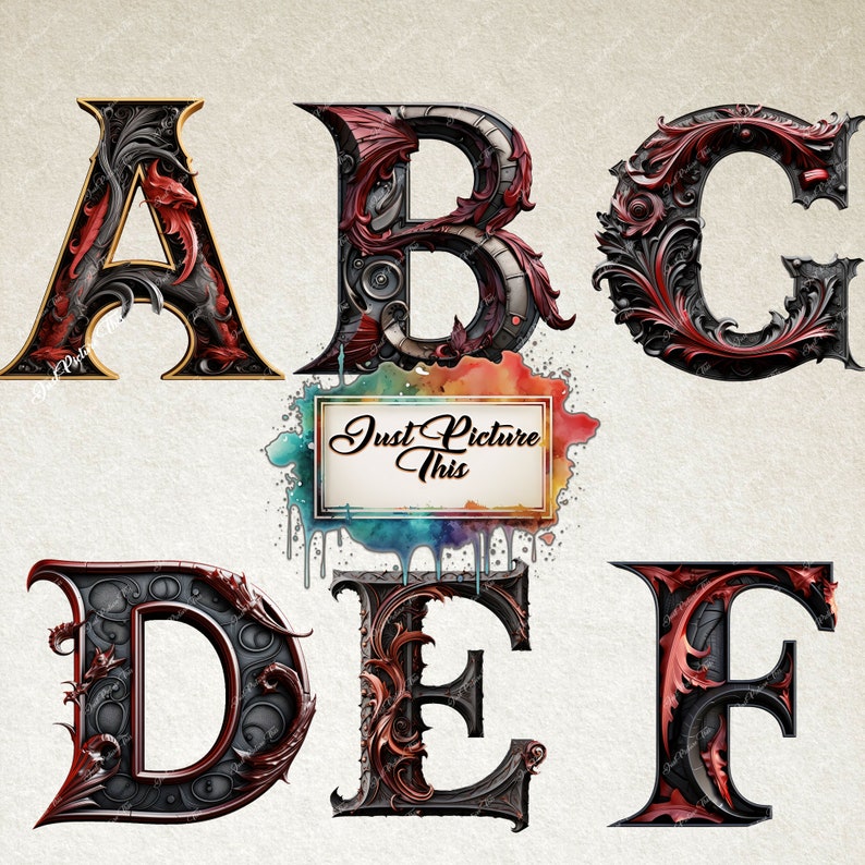 Gothic Letters Clipart: Illuminated Initials, Black & Red (PNG Digital ...