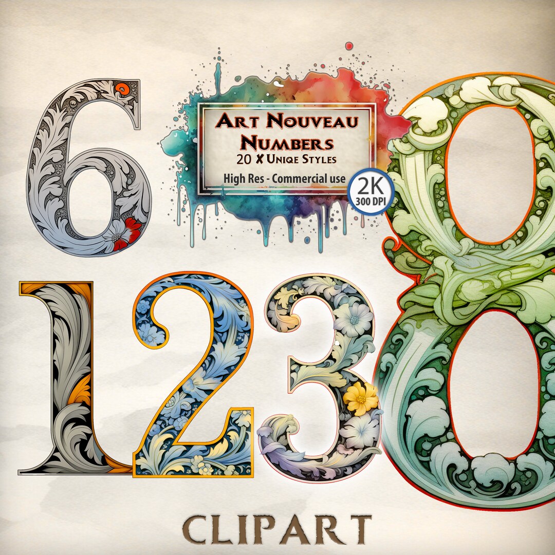 Art Nouveau Illuminated Numbers Clipart Bundle Full Numbers 0 to 9 ...