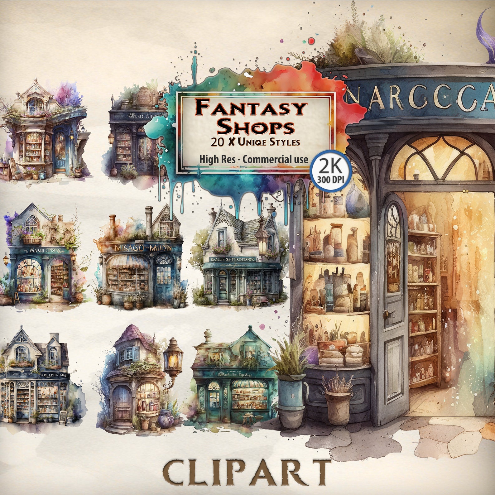 Watercolor Magic Shops Clipart: Fantasy Spells PNG Bundle (digital ...