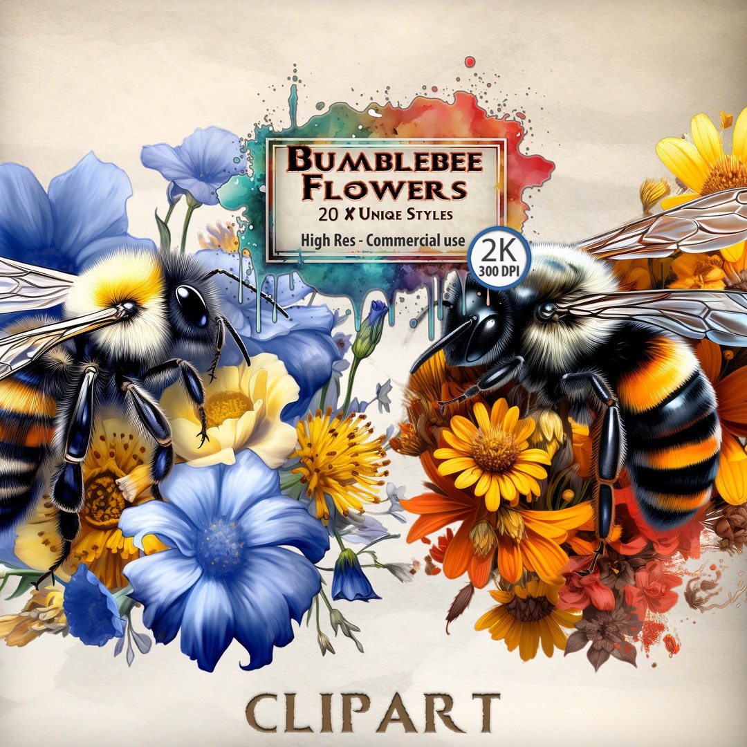 Floral Bumblebee Clipart: Blue Flower Bouquet Graphics (PNG) - Etsy