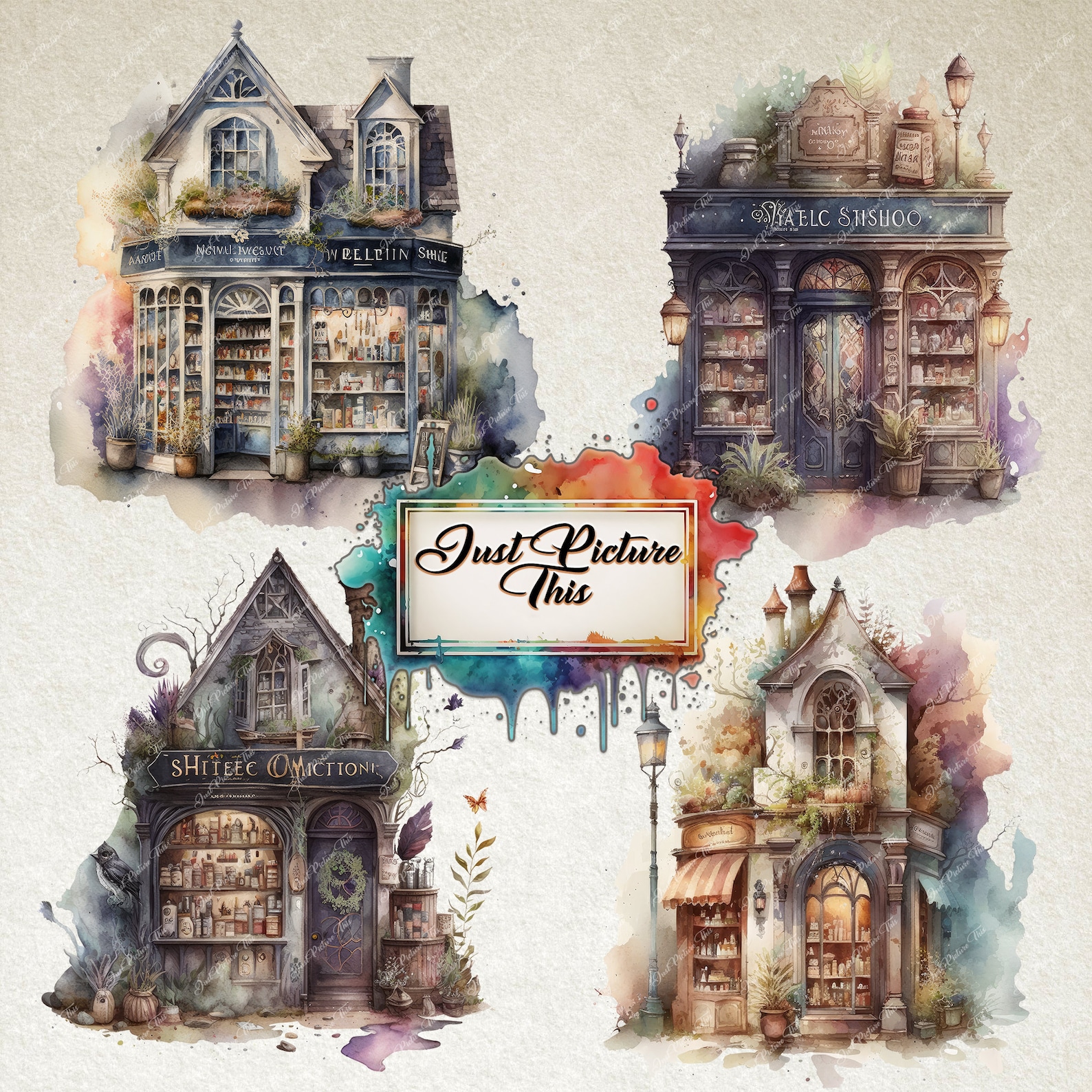 Watercolor Magic Shops Clipart: Fantasy Spells PNG Bundle (digital ...