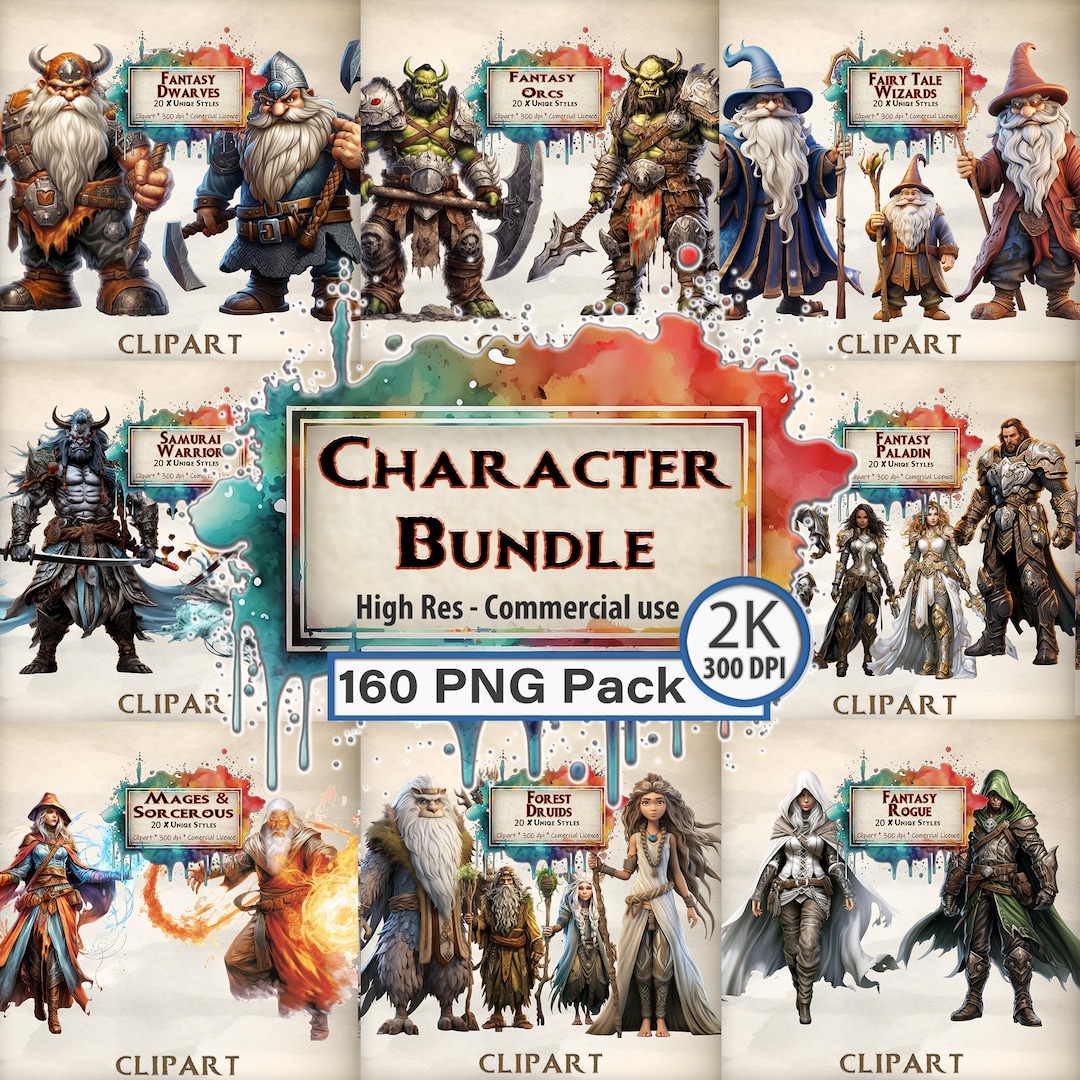 RPG Character Clipart Bundle: Fantasy Warriors, Wizards, Orcs ...