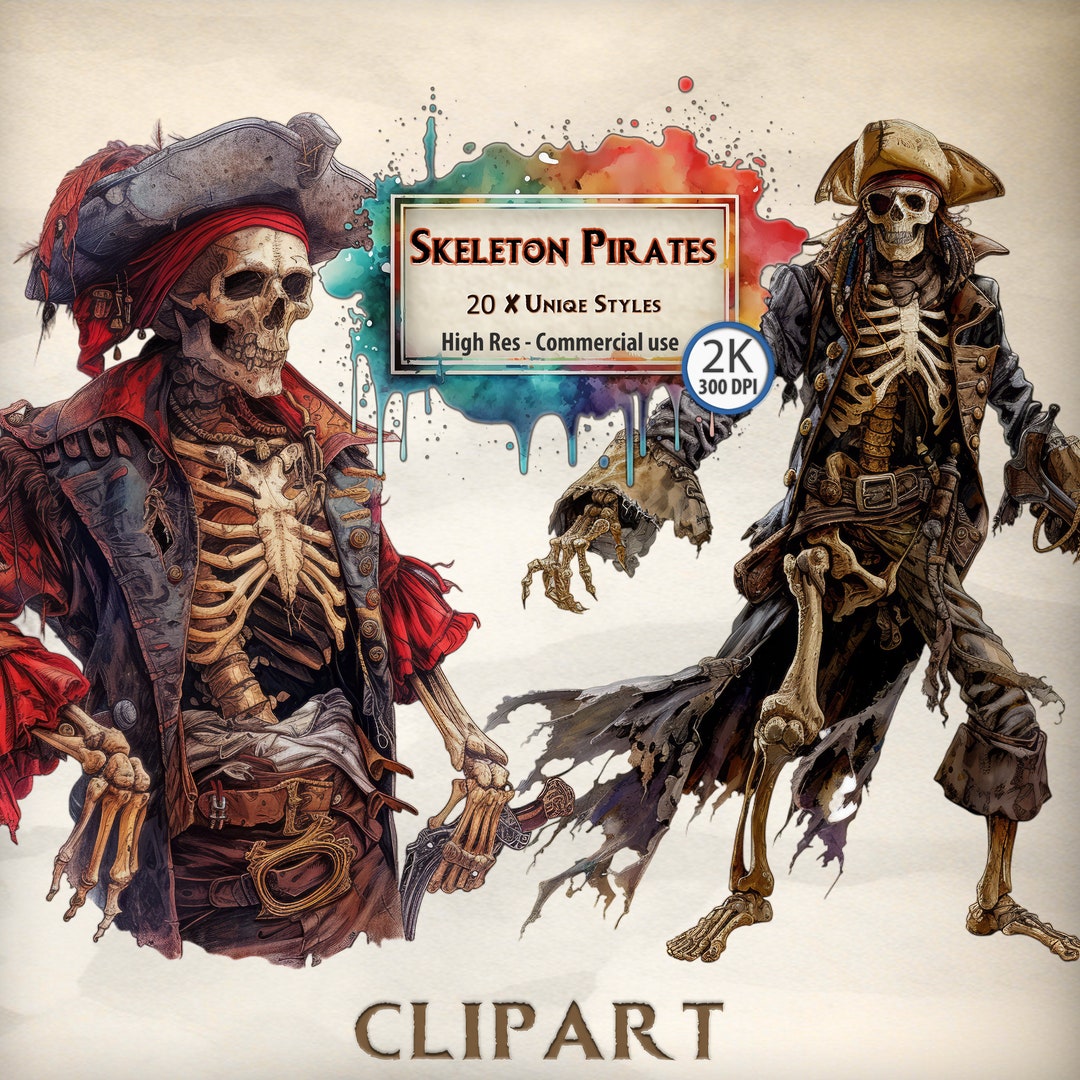 Skeleton Pirates Clipart Bundle: Spooky Pirate Skeleton Illustrations ...