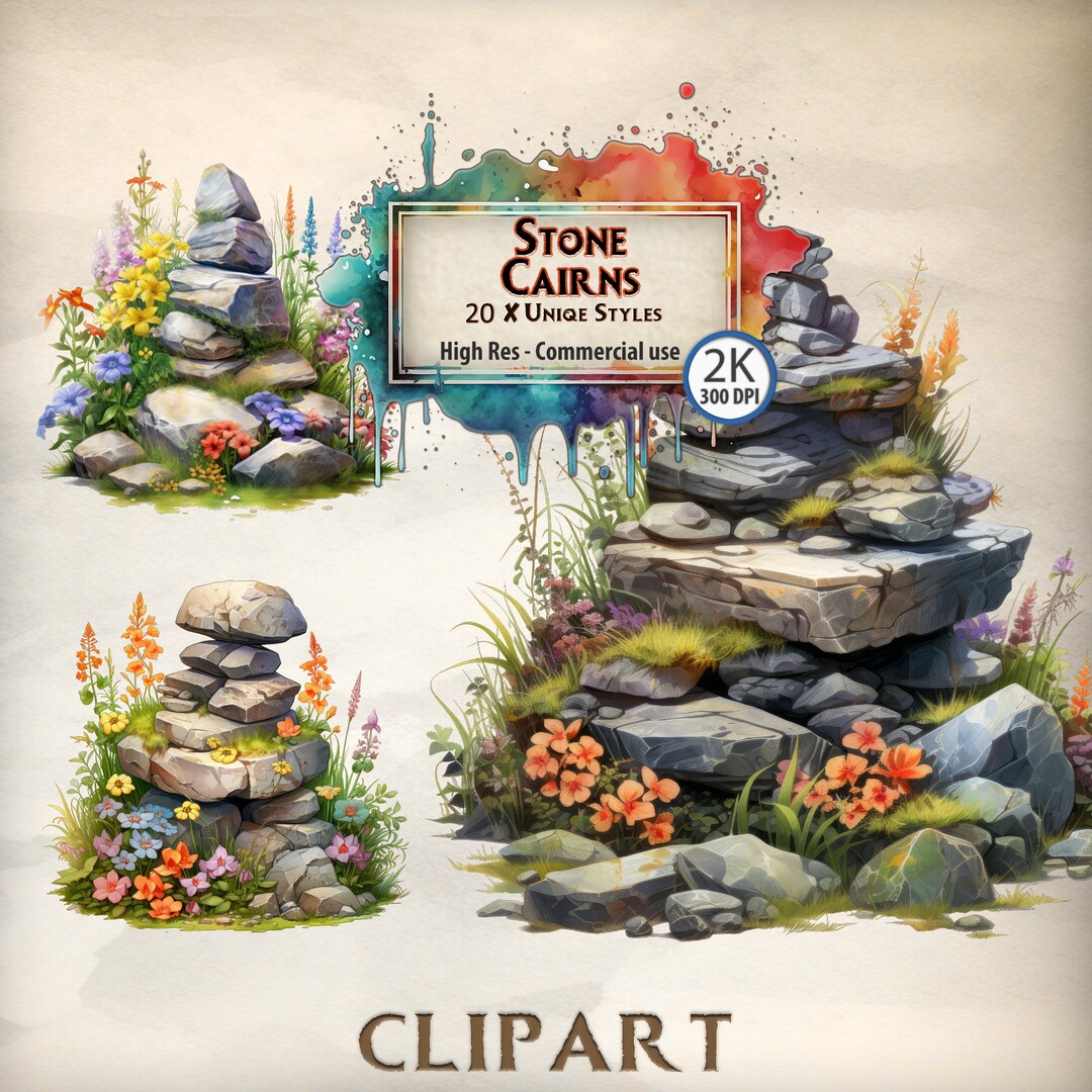 Stone Clipart: Serene Stone Cairns With Wildflower Graphics - Rock ...