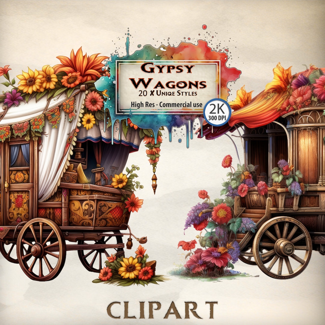 Floral Gypsy Wagon Clipart Vintage Caravan Illustration Boho Chic ...
