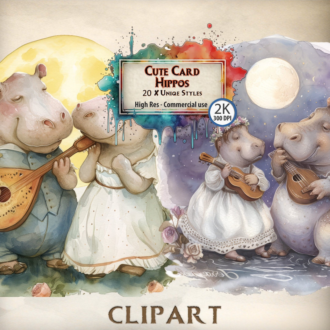 Cute Card Hippos Clipart Bundle: Adorable Hippopotamus Illustrations ...